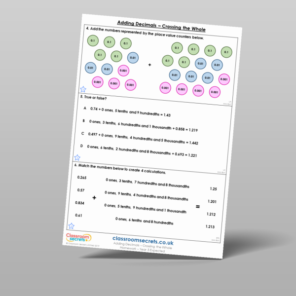 Year 5 Adding Decimals Crossing The Whole Homework Resource | Classroom ...