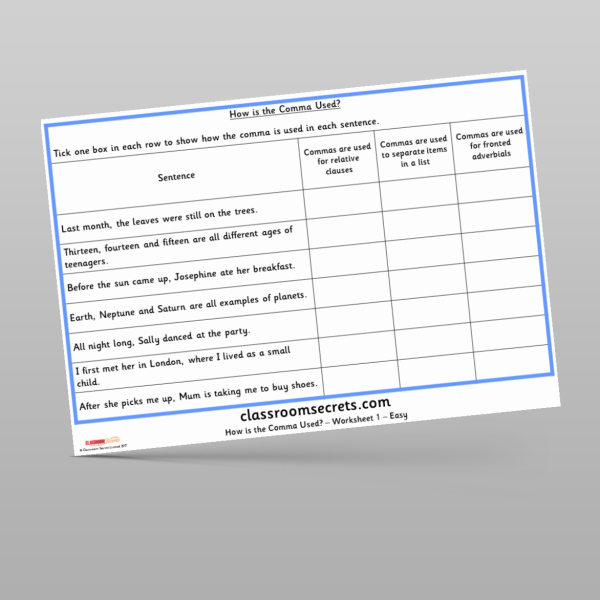 KS2 How Is The Comma Used Test Practice Resource | Classroom Secrets