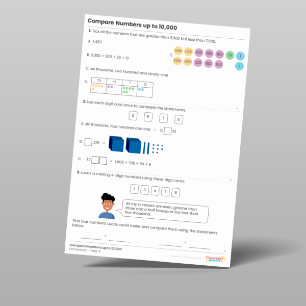 Year 4 Compare Numbers Up To 10 000 Homework Resource | Classroom Secrets