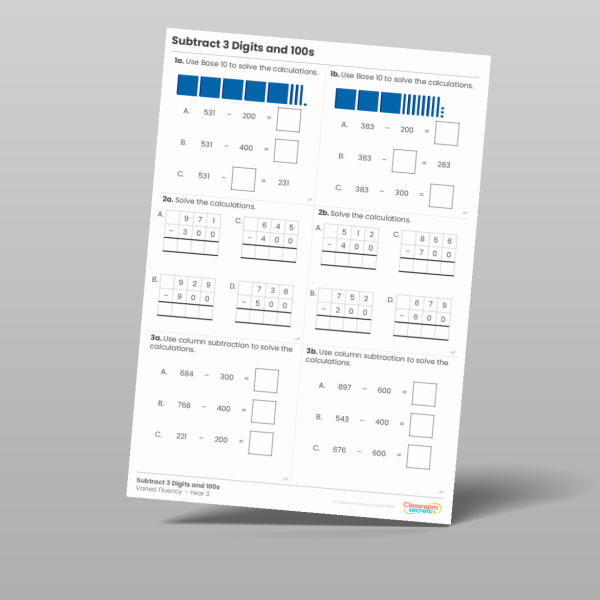 Year 3 Subtract 3 Digits And 100s Varied Fluency Resource | Classroom ...