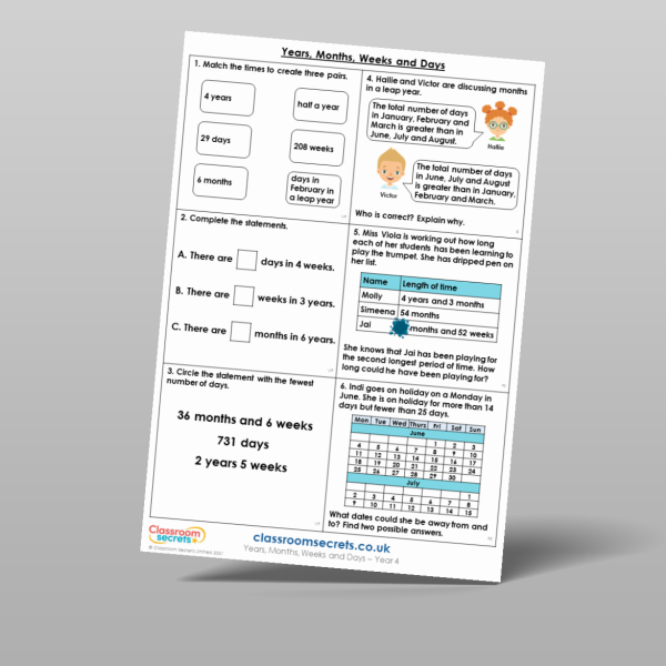 Year 4 Years Months Weeks And Days Mixed Activity Resource | Classroom ...