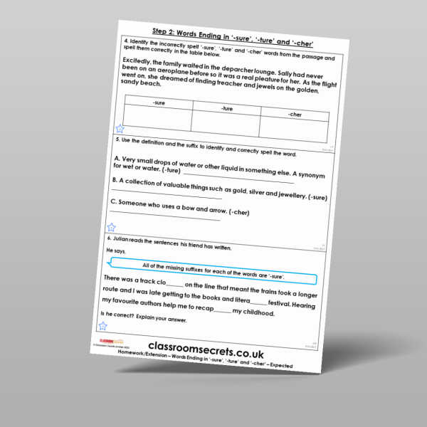 Year 4 Words Ending In Sure Ture And Cher Homework Resource | Classroom ...