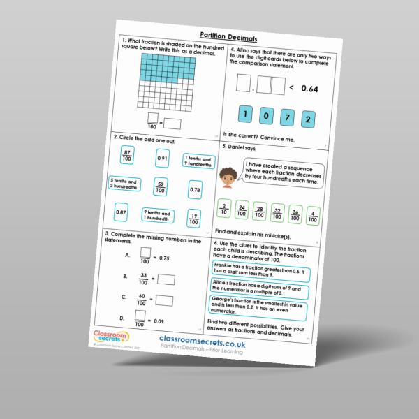 Year 4 Partition Decimals Prior Learning Resource | Classroom Secrets