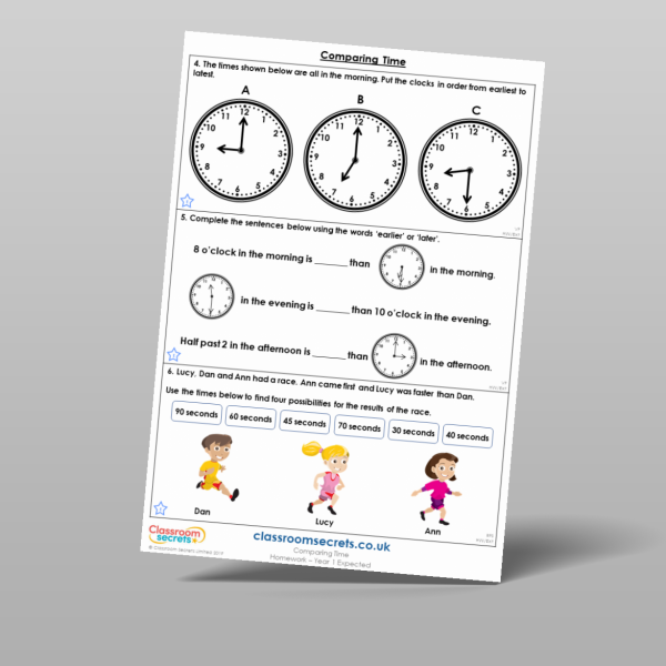 Year 1 Comparing Time Homework Resource | Classroom Secrets