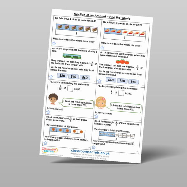 Year 6 Fraction Of An Amount Find The Whole Varied Fluency Resource ...