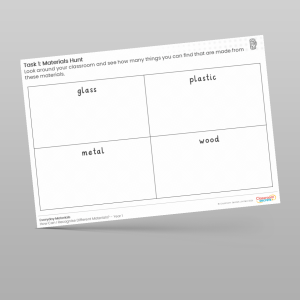 Year 1 Lesson 1 Materials Hunt Worksheet Resource | Classroom Secrets