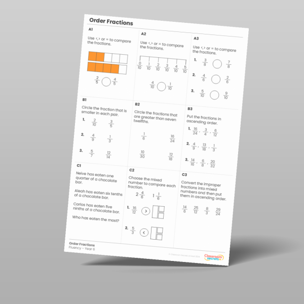 Year 6 Order Fractions Fluency Matrix Resource | Classroom Secrets
