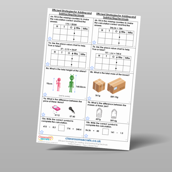 Year 5 Efficient Strategies For Adding And Subtracting Decimals Varied Fluency Resource ...