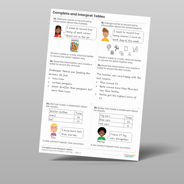 Year 2 Complete And Interpret Tables Reasoning And Problem Solving Resource | Classroom Secrets