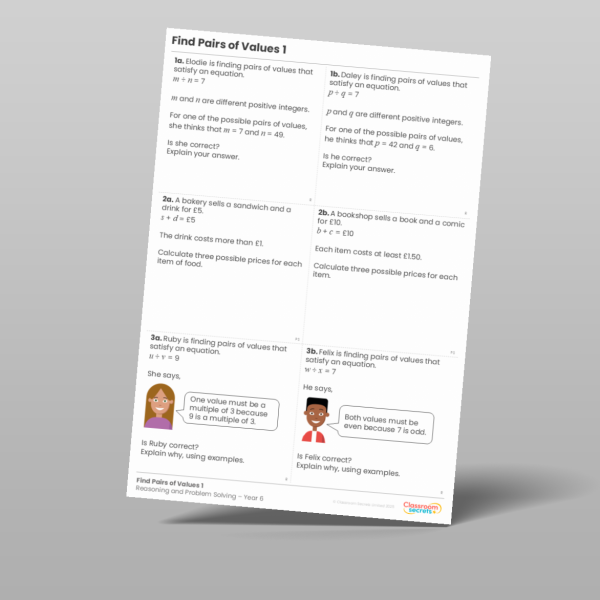 Year 6 Find Pairs Of Values 1 Reasoning And Problem Solving 2 Resource ...