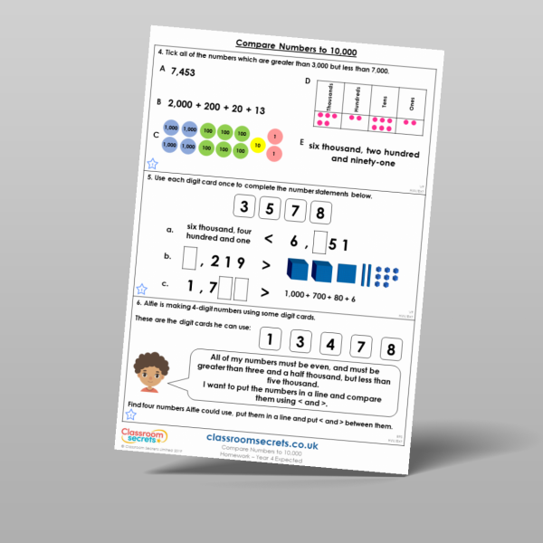 Year 4 Compare Numbers To 10 000 Homework Resource Classroom Secrets