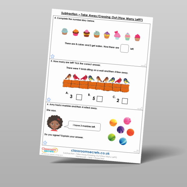 Year 1 Subtraction Take Away Crossing Out How Many Left Homework ...