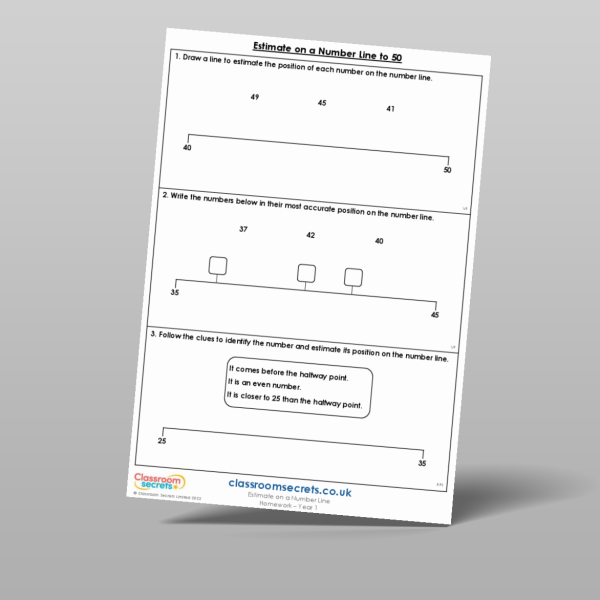 Year 1 Estimate On A Number Line To 50 Homework Resource | Classroom ...