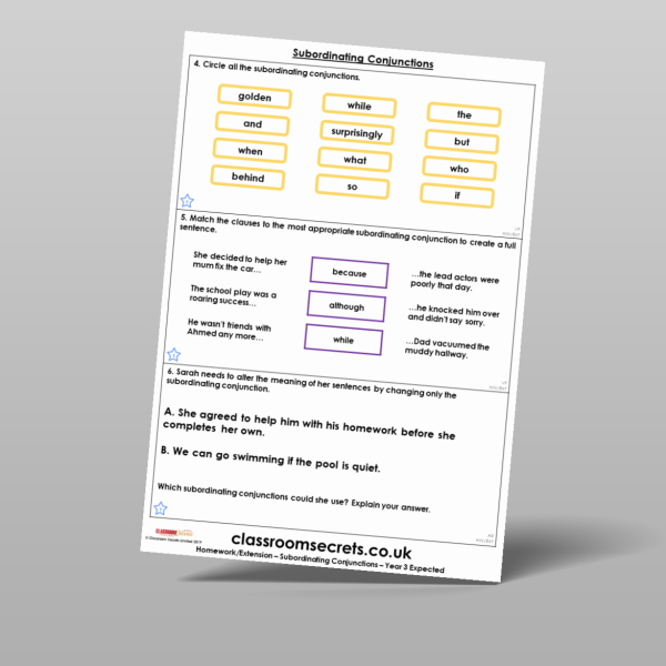 Year 3 Subordinating Conjunctions Homework Resource | Classroom Secrets