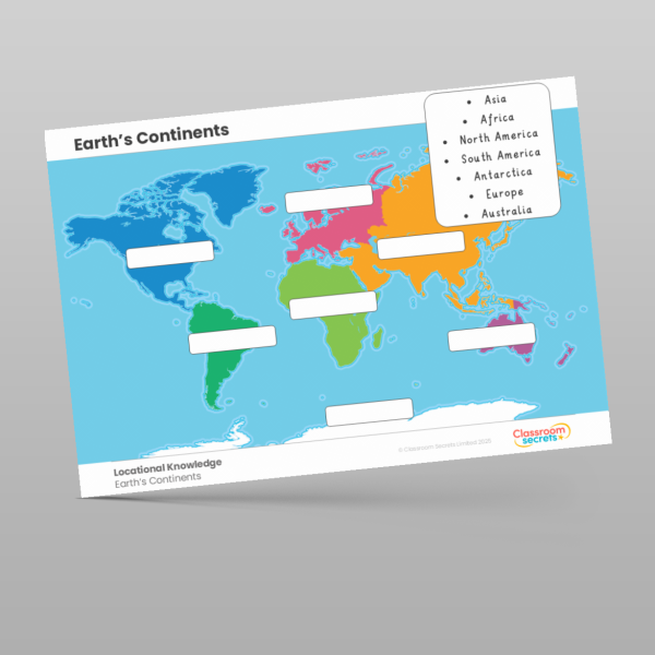 KS1 Label Continents Geography Worksheet Resource | Classroom Secrets