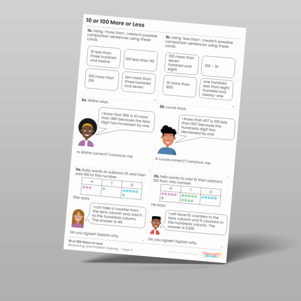 Year 3 10 Or 100 More Or Less Reasoning And Problem Solving Resource ...