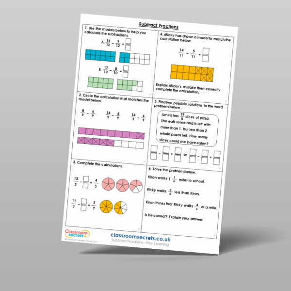 Year 5 Subtract Fractions Prior Learning Resource | Classroom Secrets