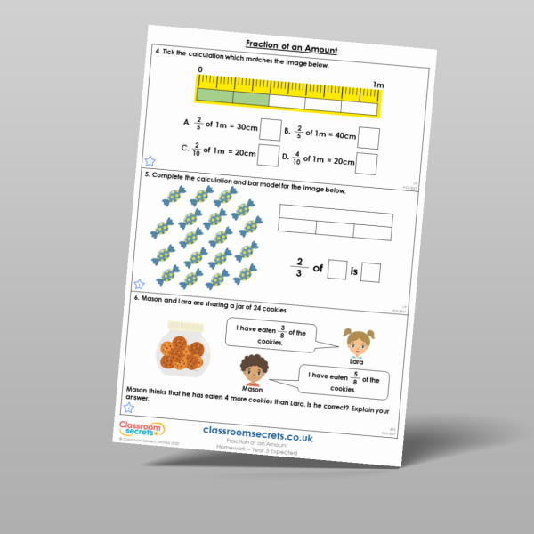 Year 5 Fraction Of An Amount Homework Resource | Classroom Secrets
