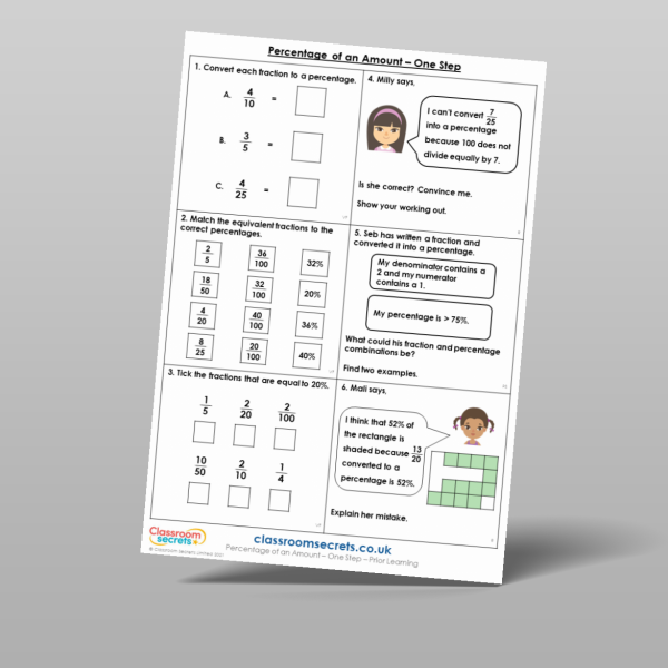 Year 6 Percentage Of An Amount One Step Prior Learning Resource ...