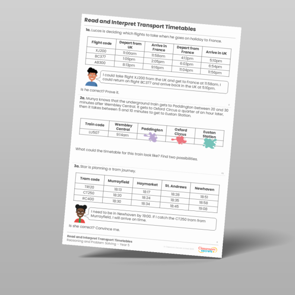 Year 5 Read And Interpret Transport Timetables Reasoning And Problem Solving Resource ...