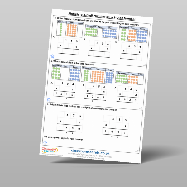 Year 4 Multiply A 3 Digit Number By A 1 Digit Number Homework Resource ...