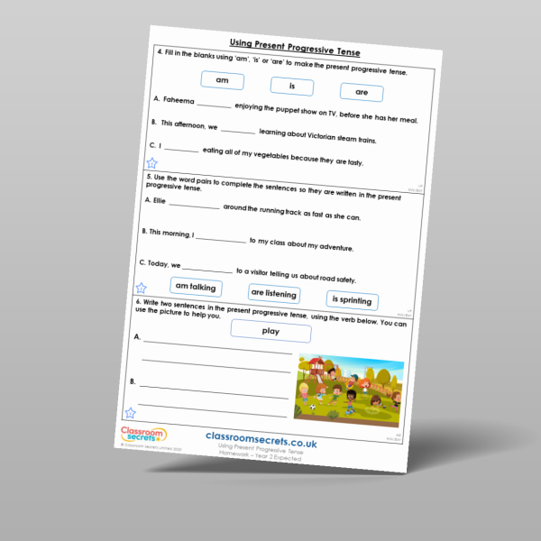 Year 2 Using Present Progressive Tense Homework Resource | Classroom ...