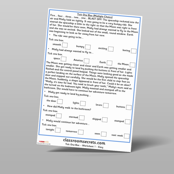 KS1 Tick One Box Multiple Choice Reading Test Practice Resource ...