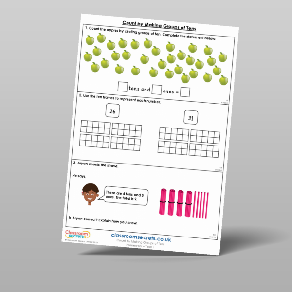Year 1 Count By Making Groups Of Tens Homework Resource | Classroom Secrets