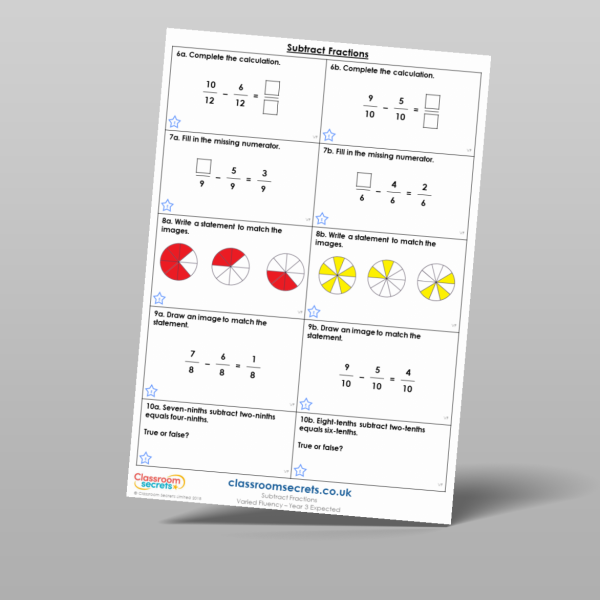 Year 3 Subtract Fractions Varied Fluency Resource | Classroom Secrets