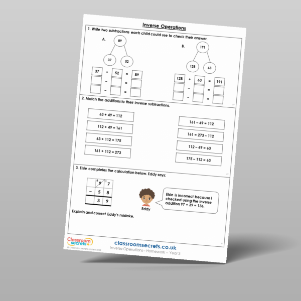 Year 3 Inverse Operations Homework Resource | Classroom Secrets