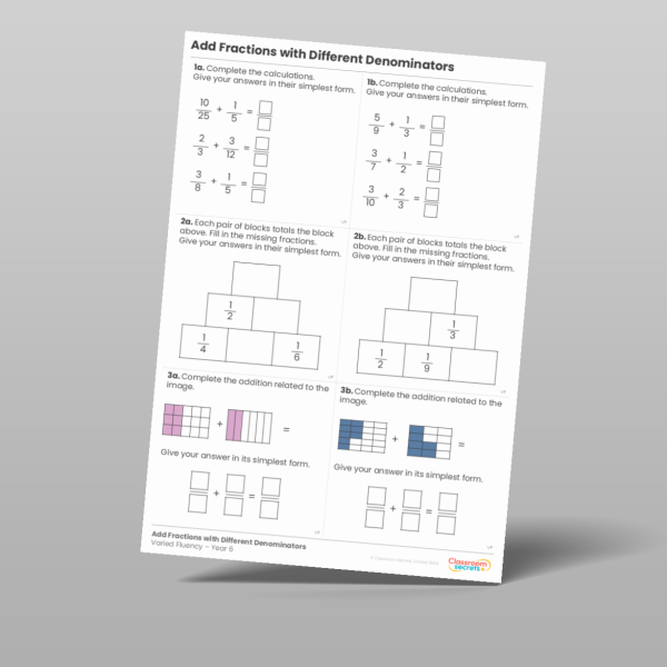 Year 6 Add Fractions With Different Denominators Varied Fluency ...