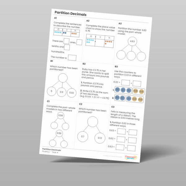 Year 4 Partition Decimals Fluency Matrix Resource | Classroom Secrets