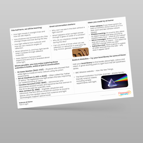 Year 6 Light Science At Home Resource | Classroom Secrets