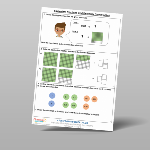 Year 5 Equivalent Fractions And Decimals Hundredths Homework Resource ...