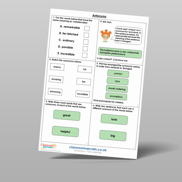 Year 6 Antonyms Prior Learning Resource | Classroom Secrets