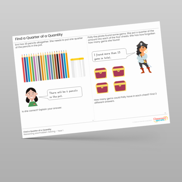 Year 1 Find A Quarter Of A Quantity Reasoning And Problem Solving 2 ...