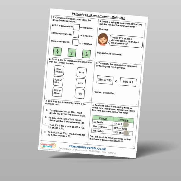 Year 6 Percentage Of An Amount Multi Step Prior Learning Resource ...