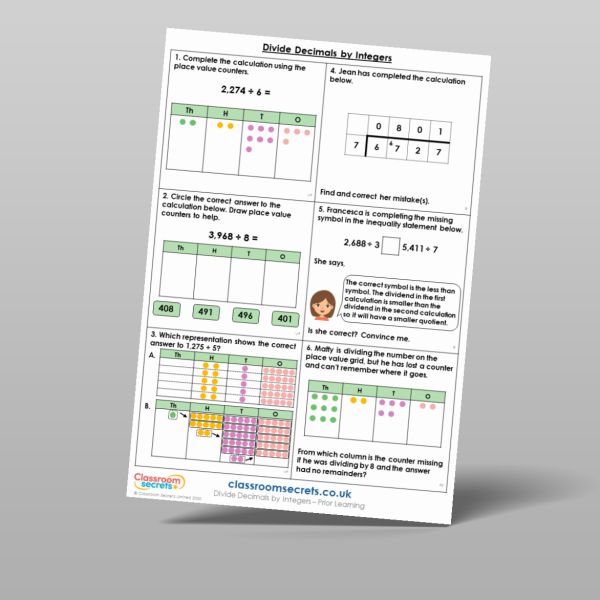 Year 6 Divide Decimals By Integers Prior Learning Resource | Classroom ...