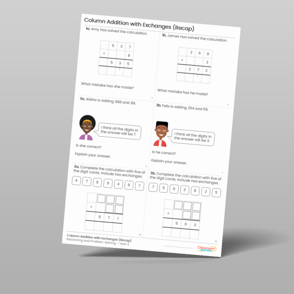 Year 3 Column Addition With Exchanges Recap Reasoning And Problem ...