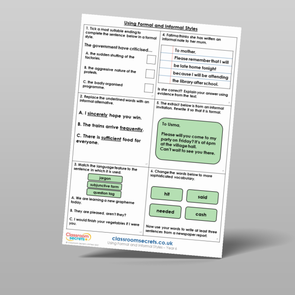 Year 6 Using Formal And Informal Styles Mixed Activity Resource ...