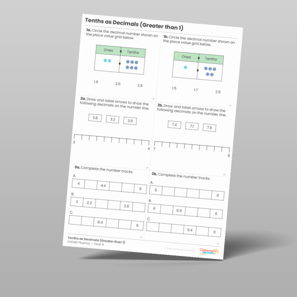 Year 4 Tenths As Decimals Greater Than 1 Varied Fluency Resource ...