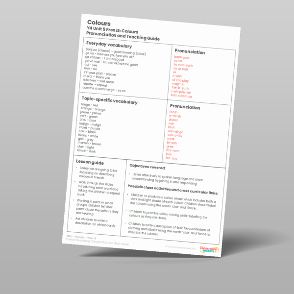Year 4 Describing Colours Pronunciation Guide Resource | Classroom Secrets