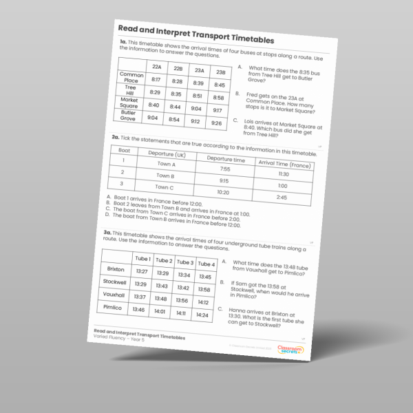 Year 5 Read And Interpret Transport Timetables Varied Fluency Resource | Classroom Secrets