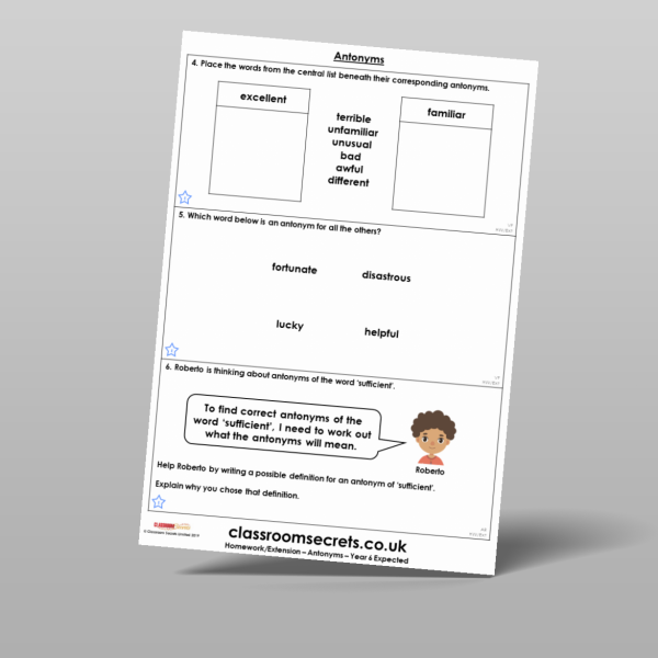 Year 6 Antonyms Homework Resource | Classroom Secrets