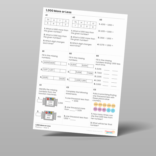 Year 4 1 000 More Or Less Fluency Matrix Resource | Classroom Secrets