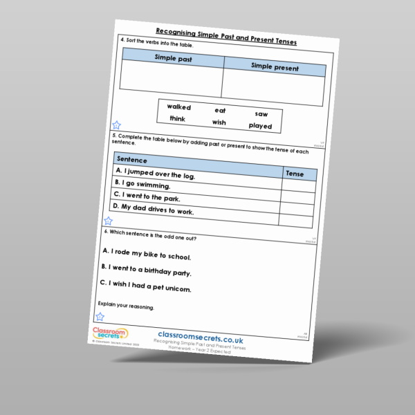 Year 2 Recognising Simple Past And Present Tenses Homework Resource ...