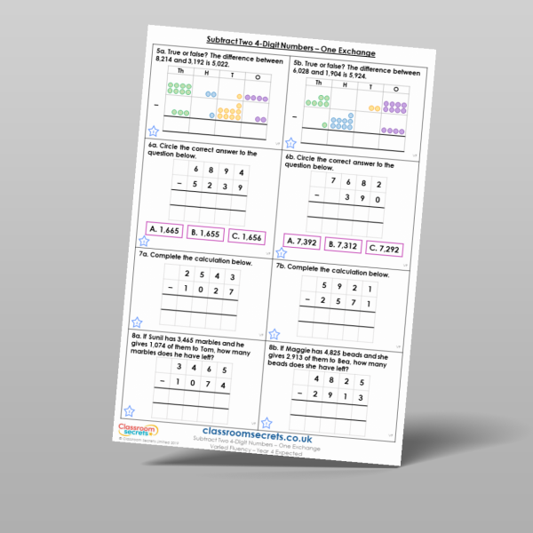 Year 4 Subtract Two 4 Digit Numbers One Exchange Varied Fluency ...
