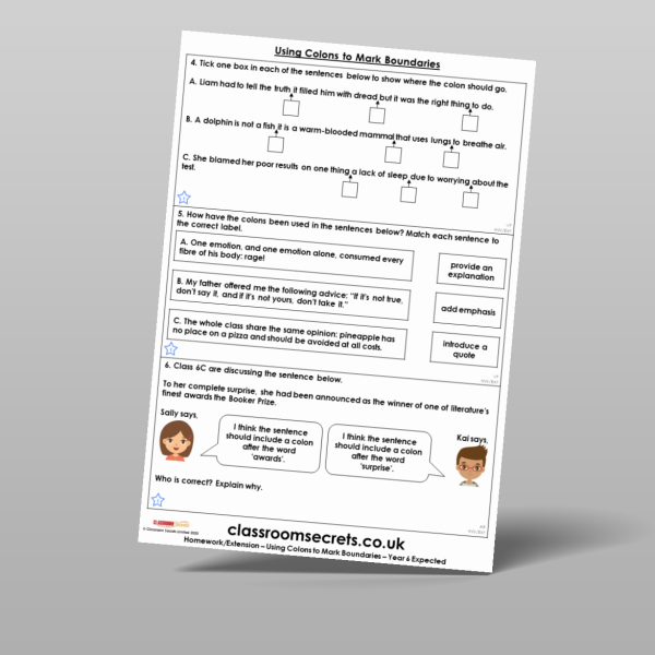 Year 6 Using Colons To Mark Boundaries Homework Resource | Classroom ...