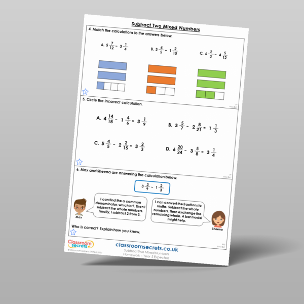 Year 5 Subtract Two Mixed Numbers Homework Resource | Classroom Secrets