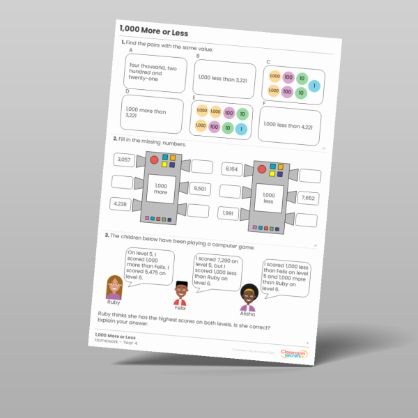 Year 4 1 000 More Or Less Homework Resource | Classroom Secrets